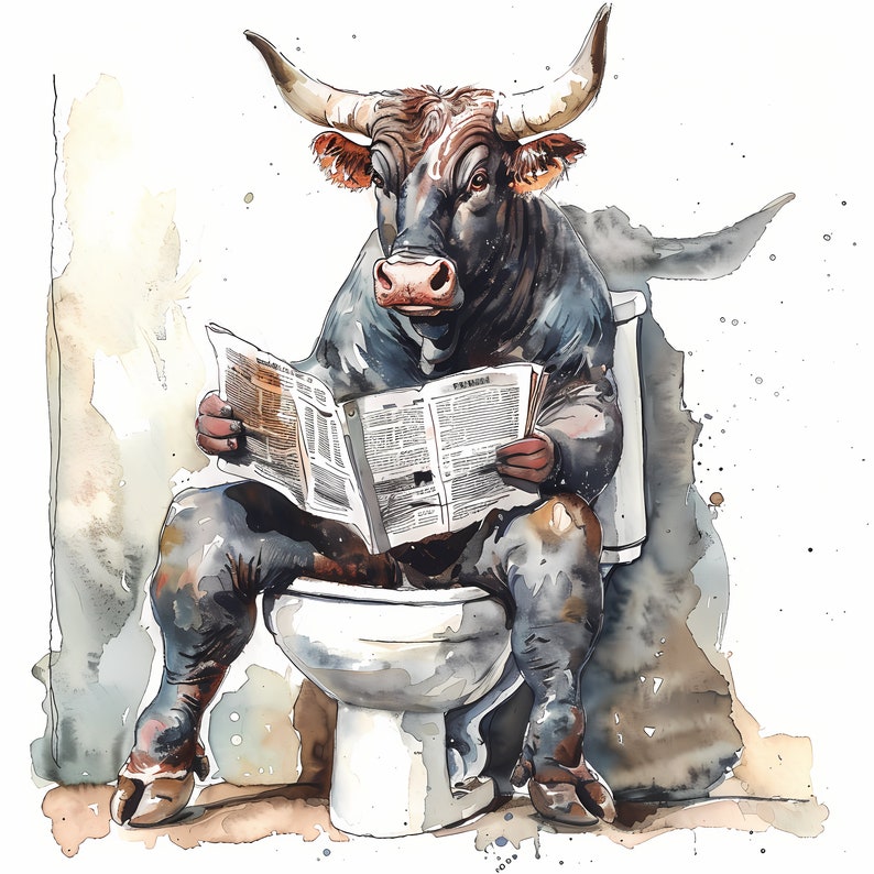 Funny Bull on Toilet Watercolor Clipart: Printable Bathroom Art (JPG ...