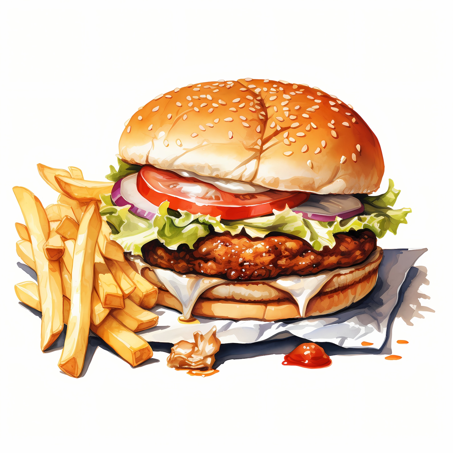 Burgers and Fries Clipart, Fast Food Images, 10 Watercolor Clip Art ...