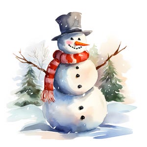 Snow Man Clipart, Snowman With Scarf Images, 10 Watercolor Clip Art ...