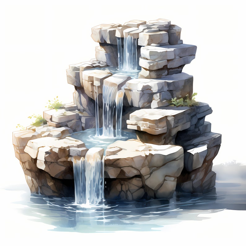 Garden Fountain Clipart, Stone Water Fountain Images, 10 Watercolor ...
