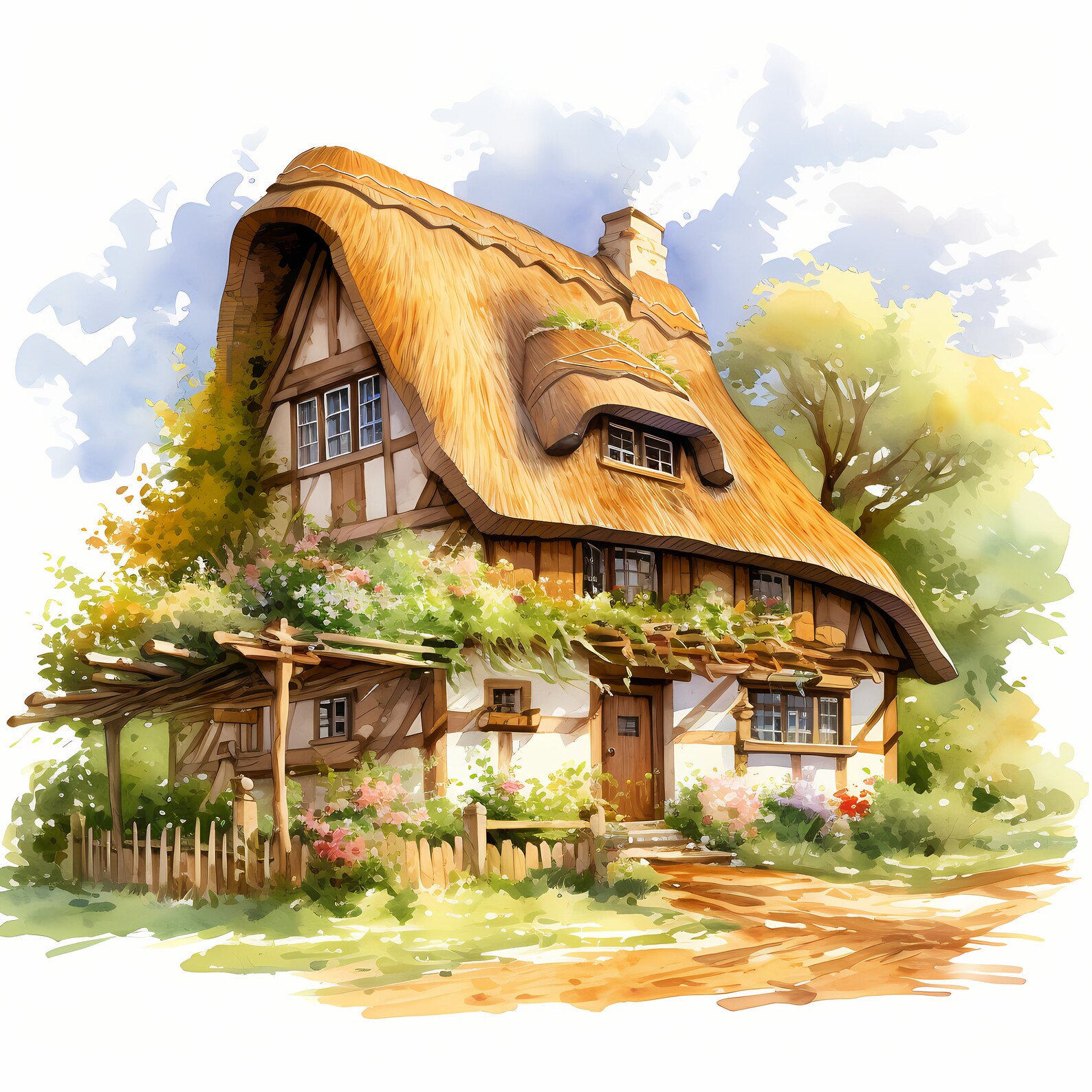 Thatched Roof House, English Cottagecore House Watercolor Clipart Set ...
