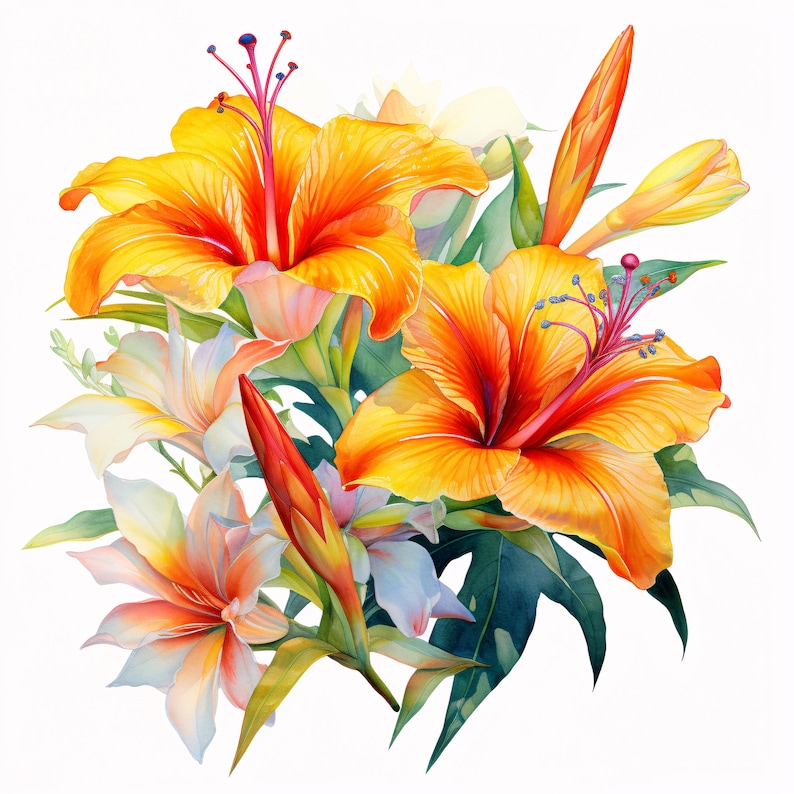 Watercolor Hibiscus Clipart: Tropical Flower Art, Exotic Botanical ...