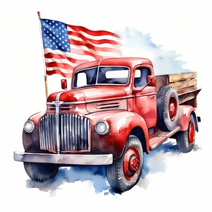 Patriotic Truck Clipart, July 4th Pickup Truck Images, 10 Watercolor ...