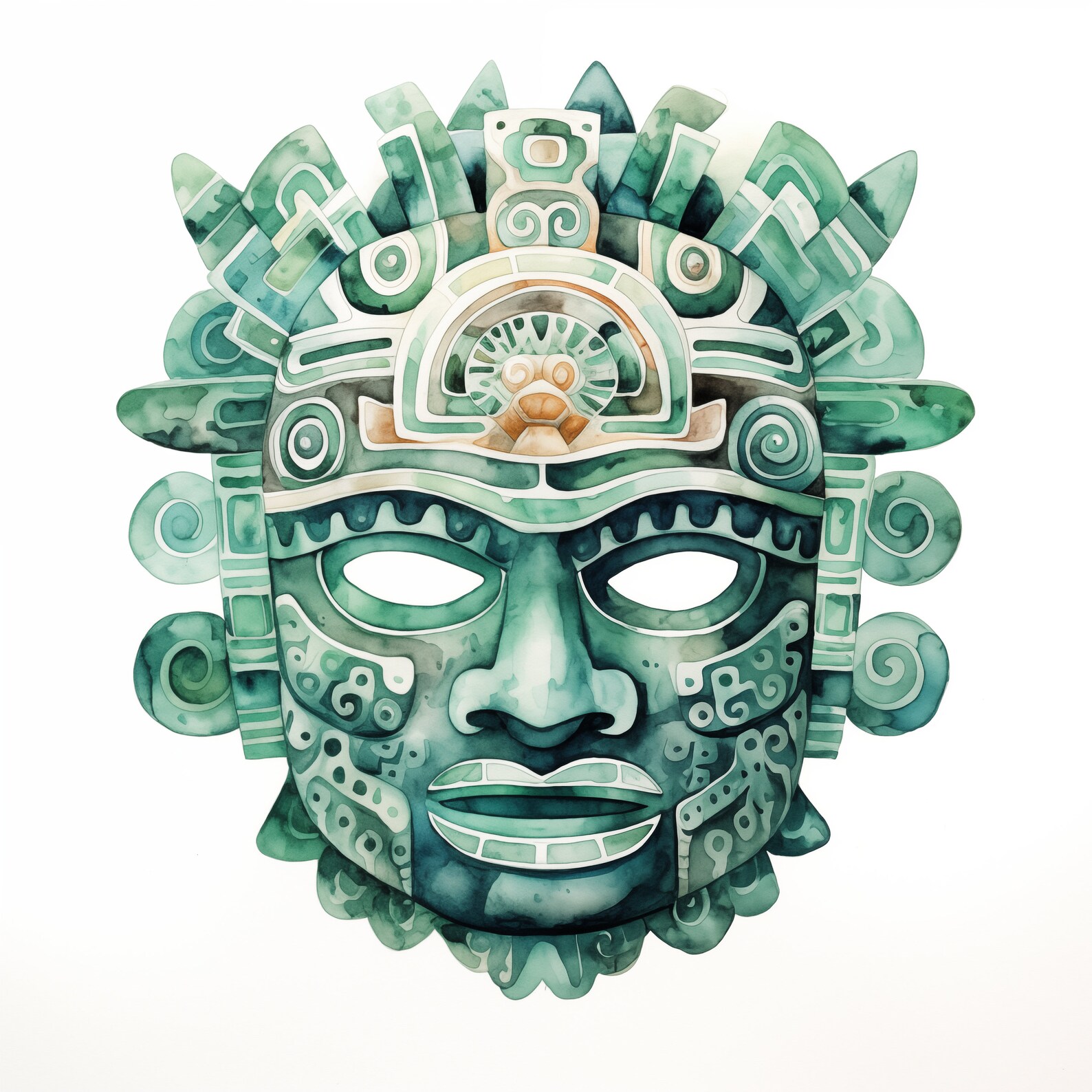 10 Aztec Jade Mask Clipart, Ancient Aztec Mask JPG, Watercolor Clipart ...