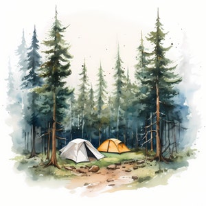 Camping Clipart, Camp in Forest Images, 10 Watercolor Clip Art ...
