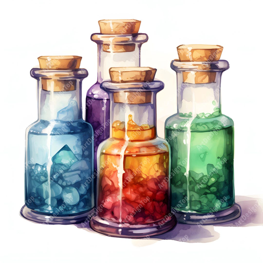 Potions Clipart, Colored Glass Bottles Images, 10 Watercolor Clip Art ...