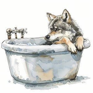 Wolf in Bathtub Clipart, Wolf Washing Images, 10 Watercolor Clip Art ...