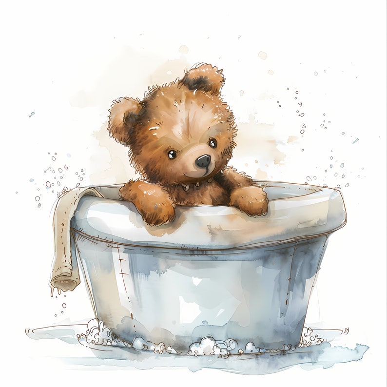 Bear in Bathtub Clipart, Bear Washing Images, 10 Watercolor Clip Art ...