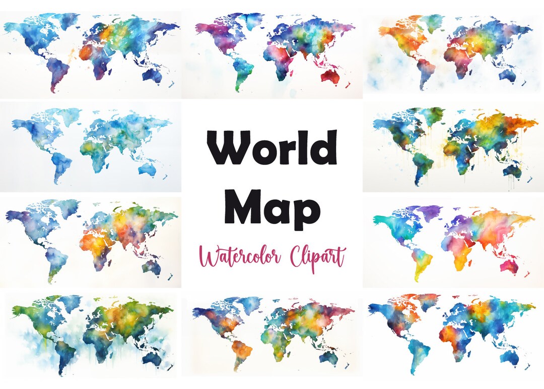 Watercolor World Map Clipart: Printable JPG Images (commercial Use) - Etsy