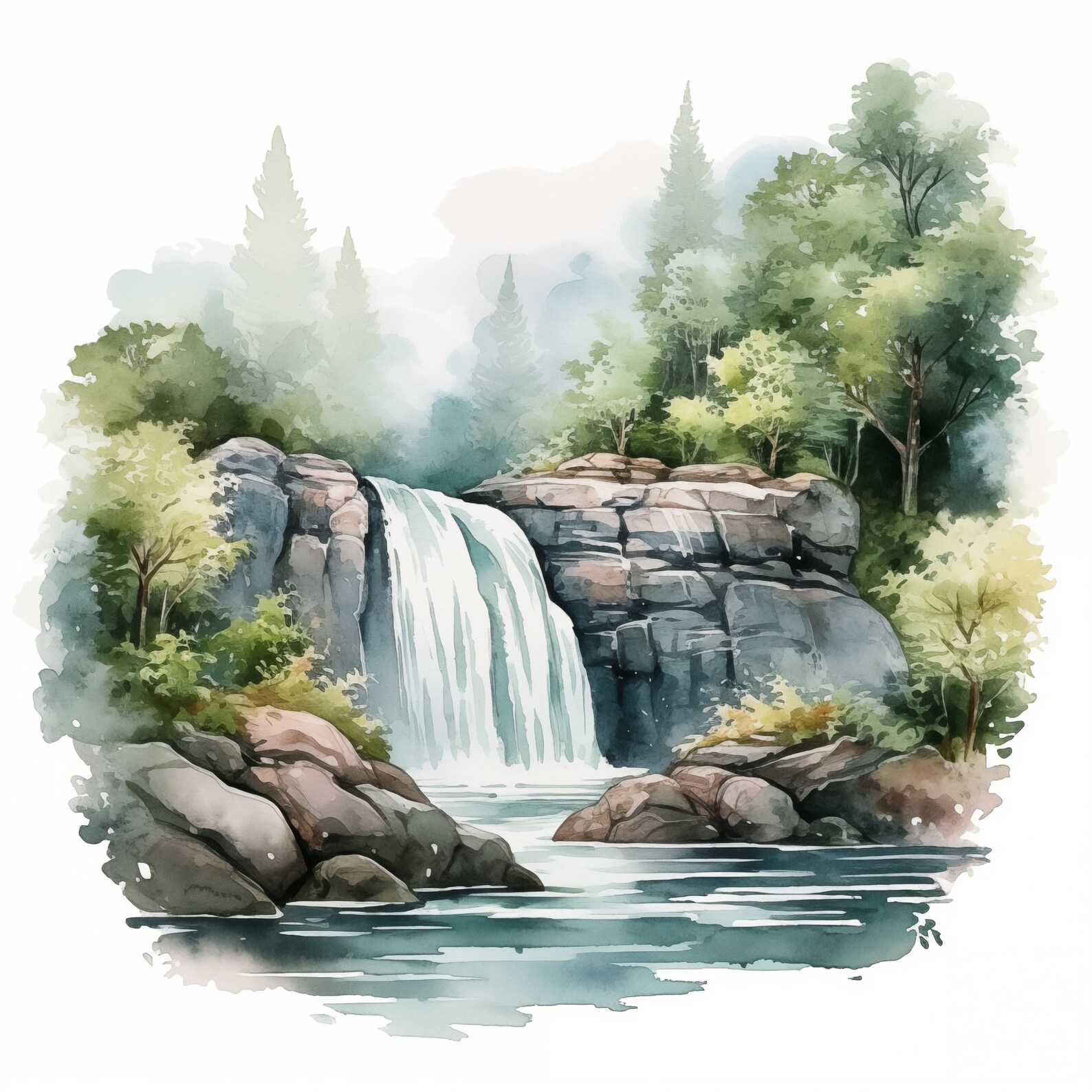 Waterfall, Mountain Water Fall, Forest Waterfalls Watercolor Clipart Set With 10 JPG Images ...