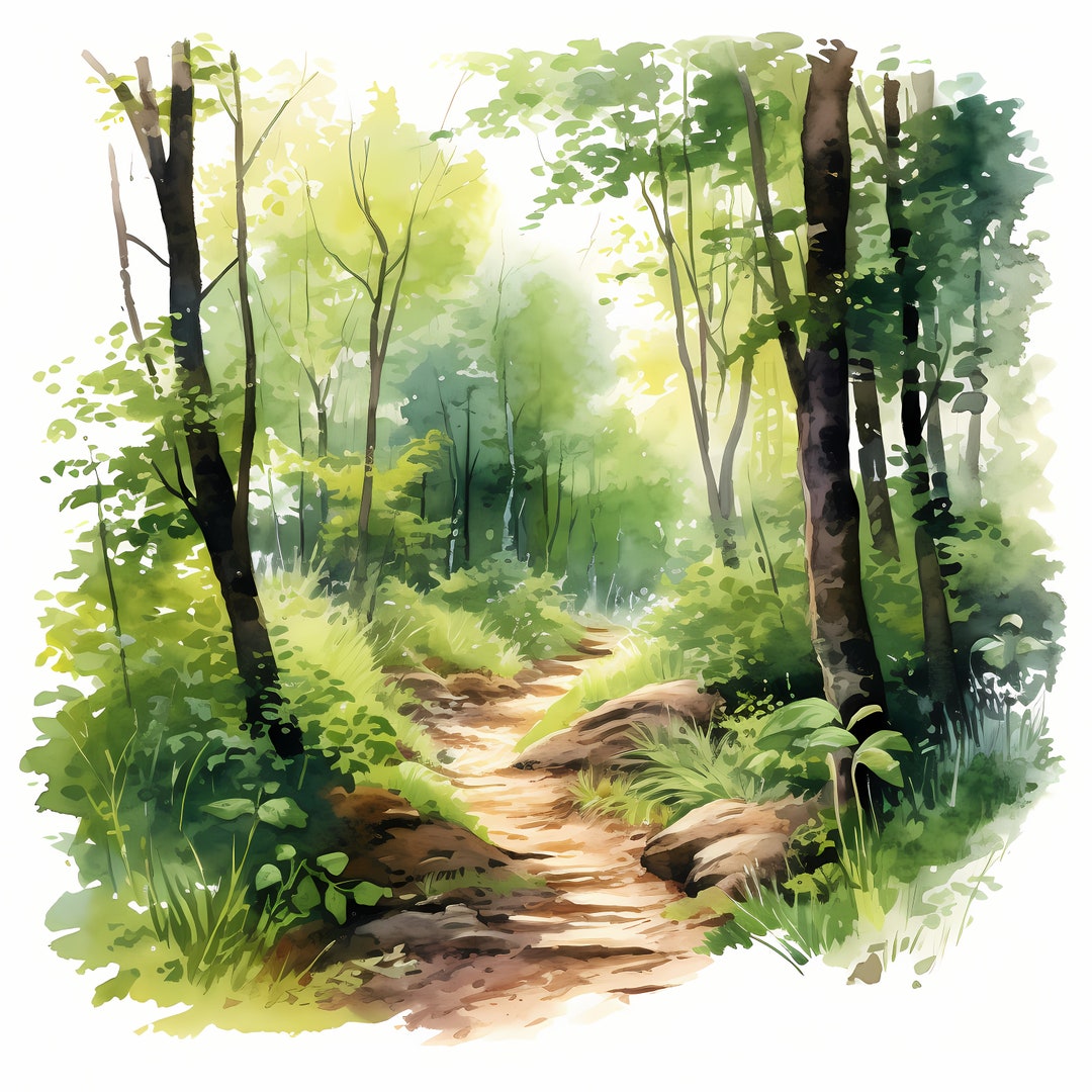 Watercolor Forest Trail Clipart: Hiking Landscape Jpgs (commercial Use ...