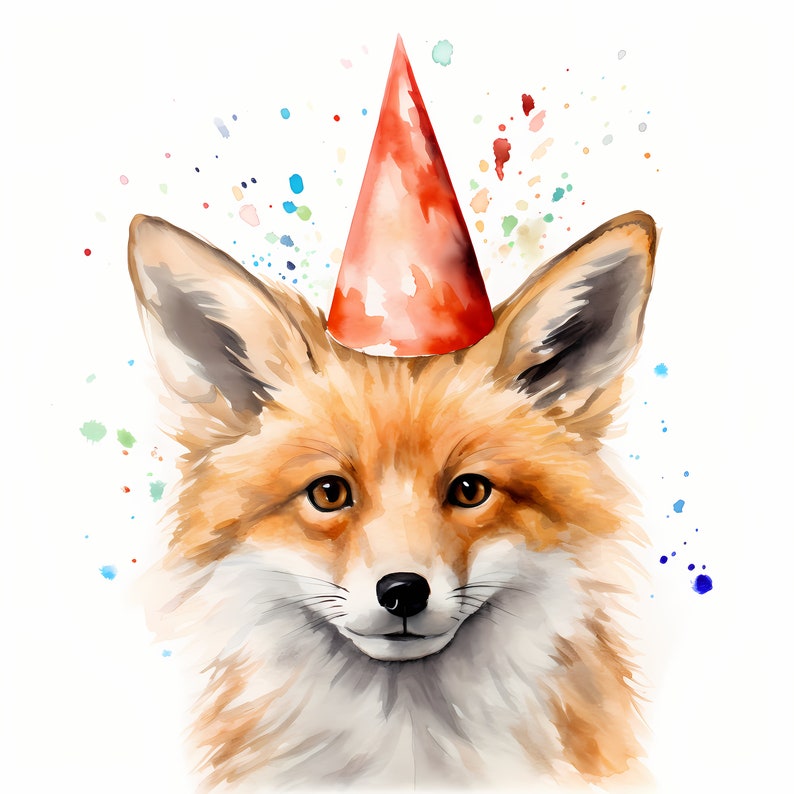 Watercolor Fox Clipart: Party Hat Animal Images (JPG Digital Download ...