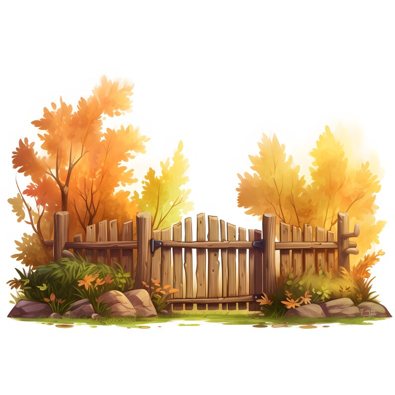 Watercolor Autumn Fence Clipart: Garden Images (jpgs, Commercial Use ...