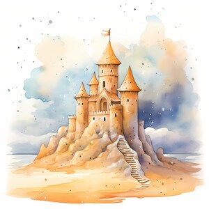 Watercolor Sandcastle Clipart: Beach Castle JPG Images (digital ...