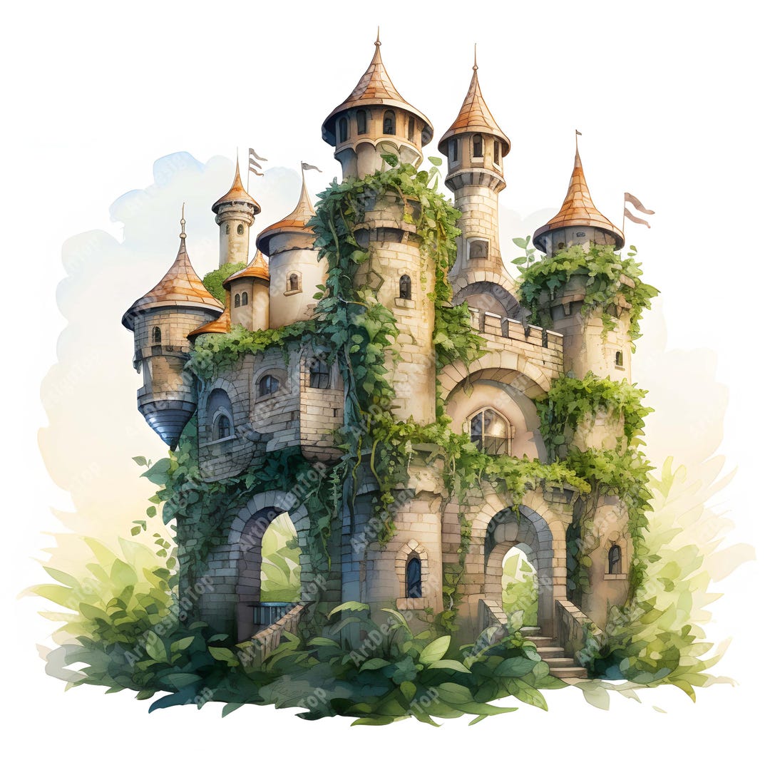 Watercolor Fantasy Castle Clipart: Ivy Covered JPG Images (digital ...