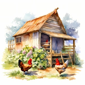 Chicken Coop Clipart, Chickens in Coop Images, 10 Watercolor Clip Art ...