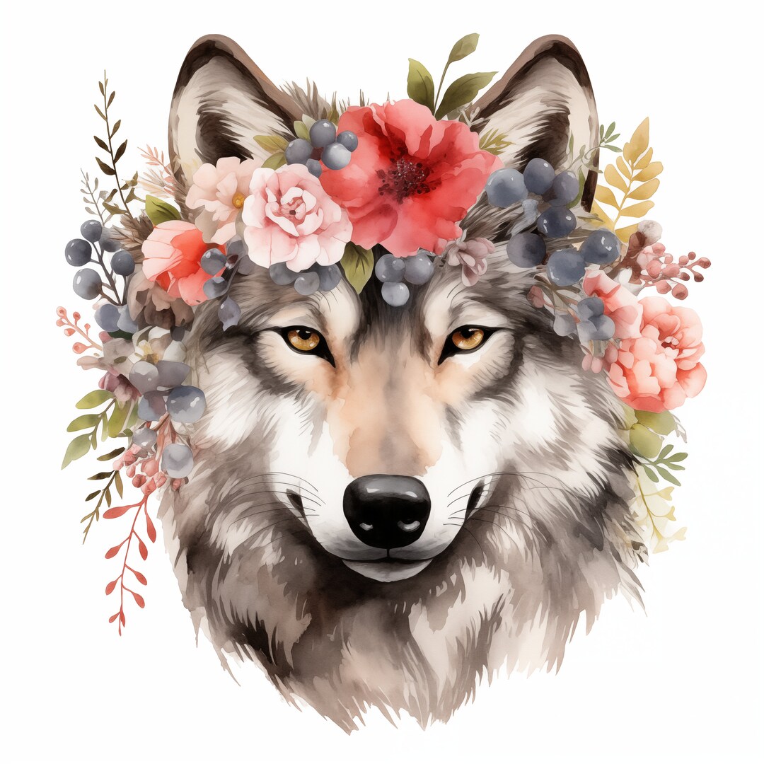 Gray Wolf Clipart, Wolf With Flowers Images, 10 Watercolor Clip Art ...