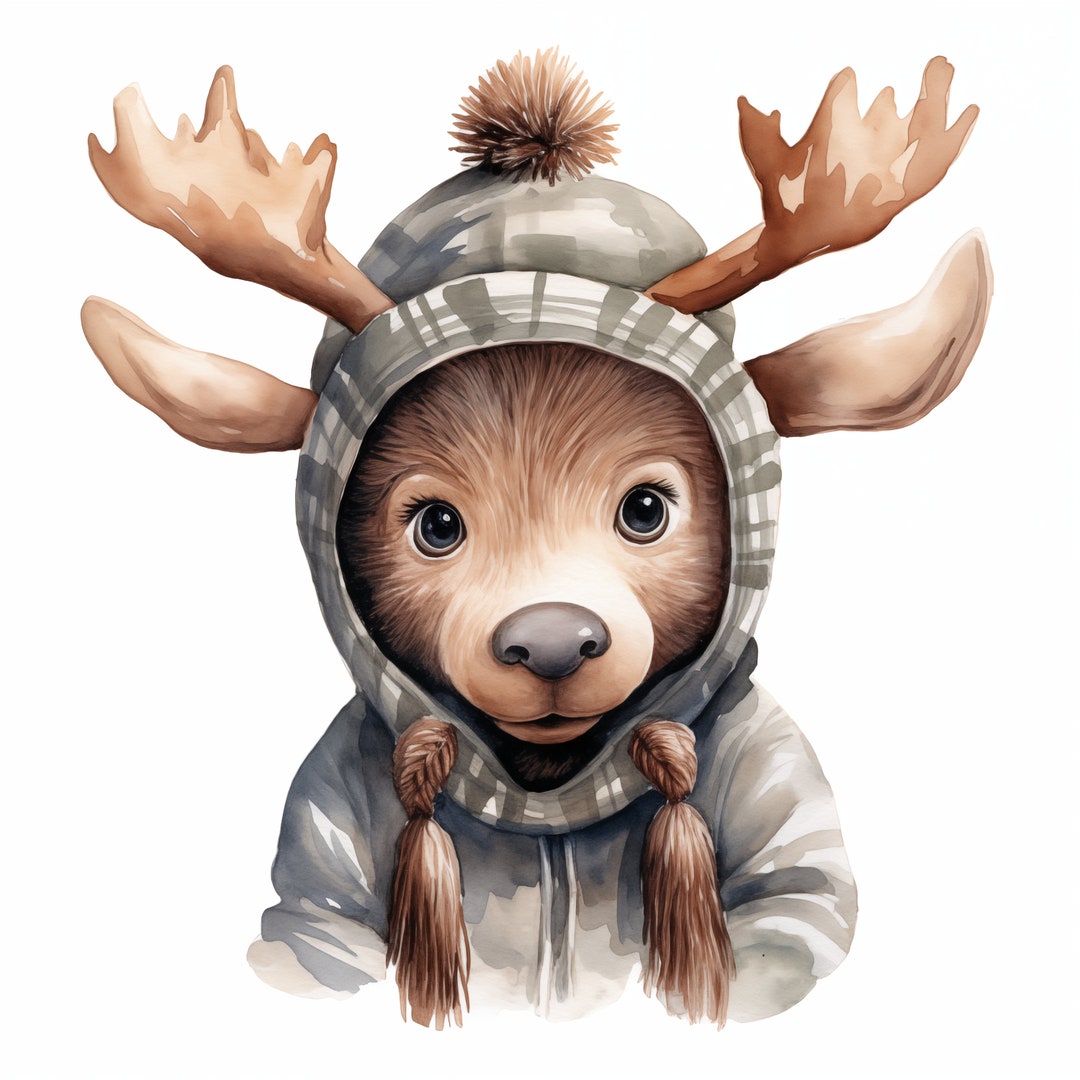 Baby Moose Clipart, Moose in Hat Images, 10 Watercolor Clip Art ...