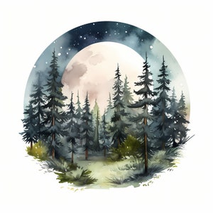 Full Moon Over Forest Clipart, Forest Moon Images, 10 Watercolor Clip ...