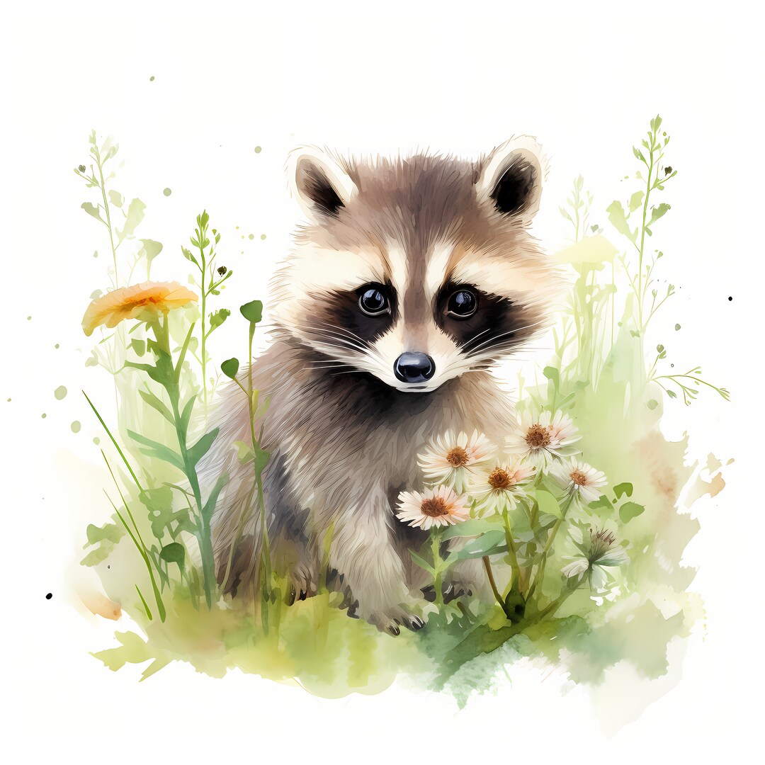 Raccoon Clipart, Raccoon in Meadow Images, 10 Watercolor Clip Art ...