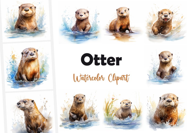 Otter Clipart, Sea Otter Images, 10 Watercolor Clip Art, Printable Jpgs ...