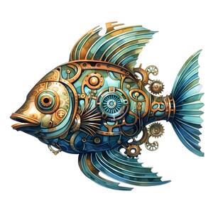 Steampunk Fish Clipart, Cyber Fish Images, 10 Watercolor Clip Art ...