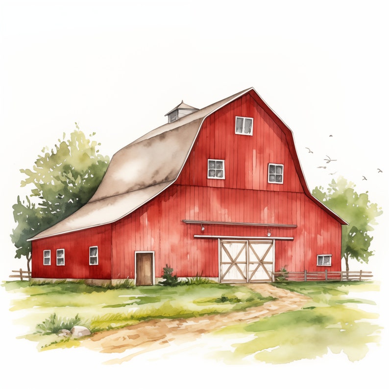 Watercolor Red Farm Barn Clipart: 10 JPG Images (commercial Use) - Etsy