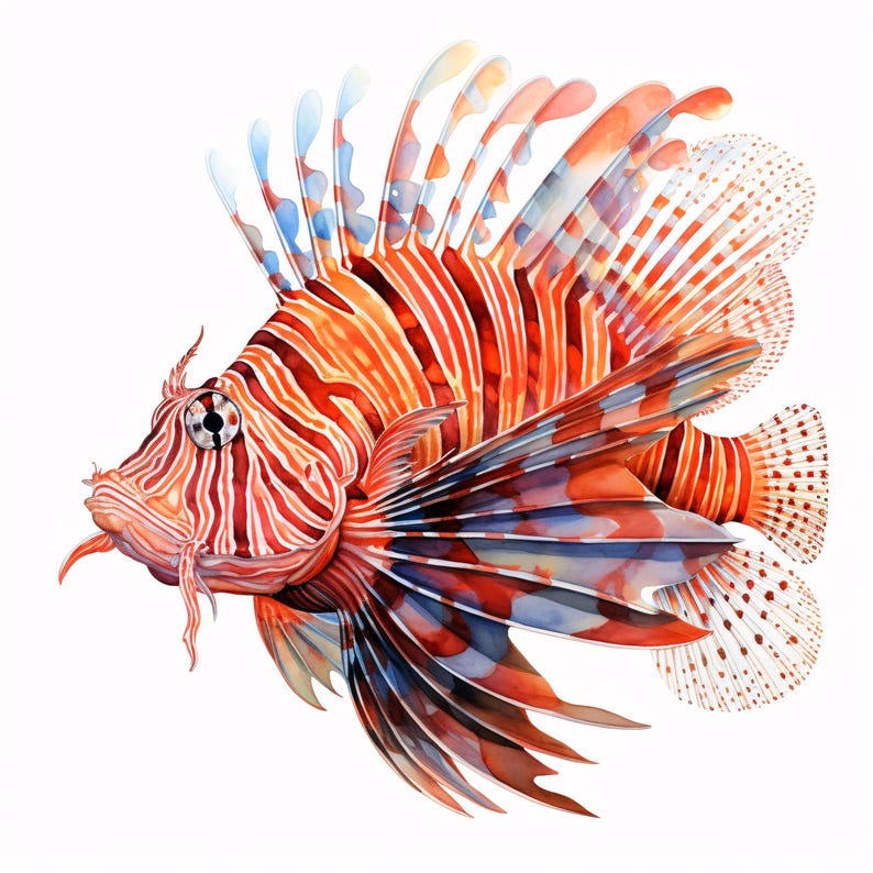 Watercolor Lionfish Clipart: Exotic Fish JPG Images (commercial Use ...