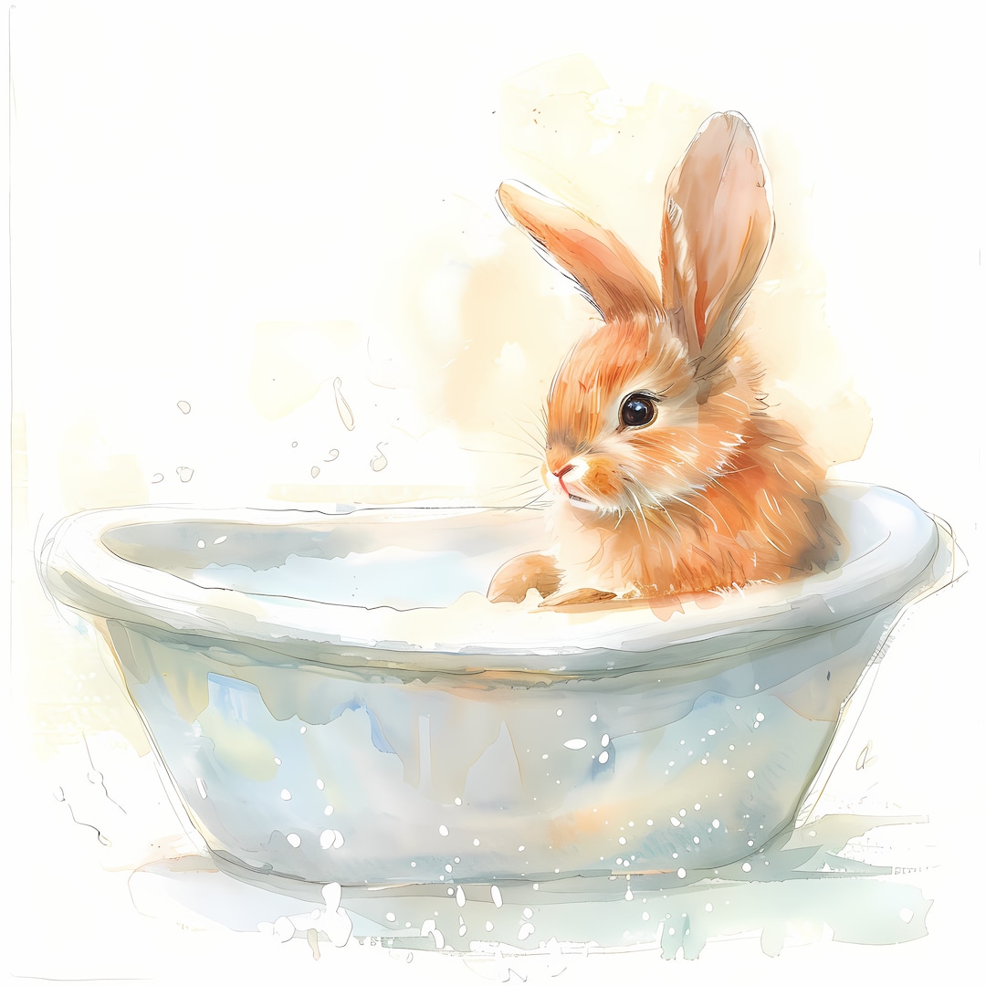 Bunny in Bathtub Clipart, Bunny Washing Images, 10 Watercolor Clip Art ...