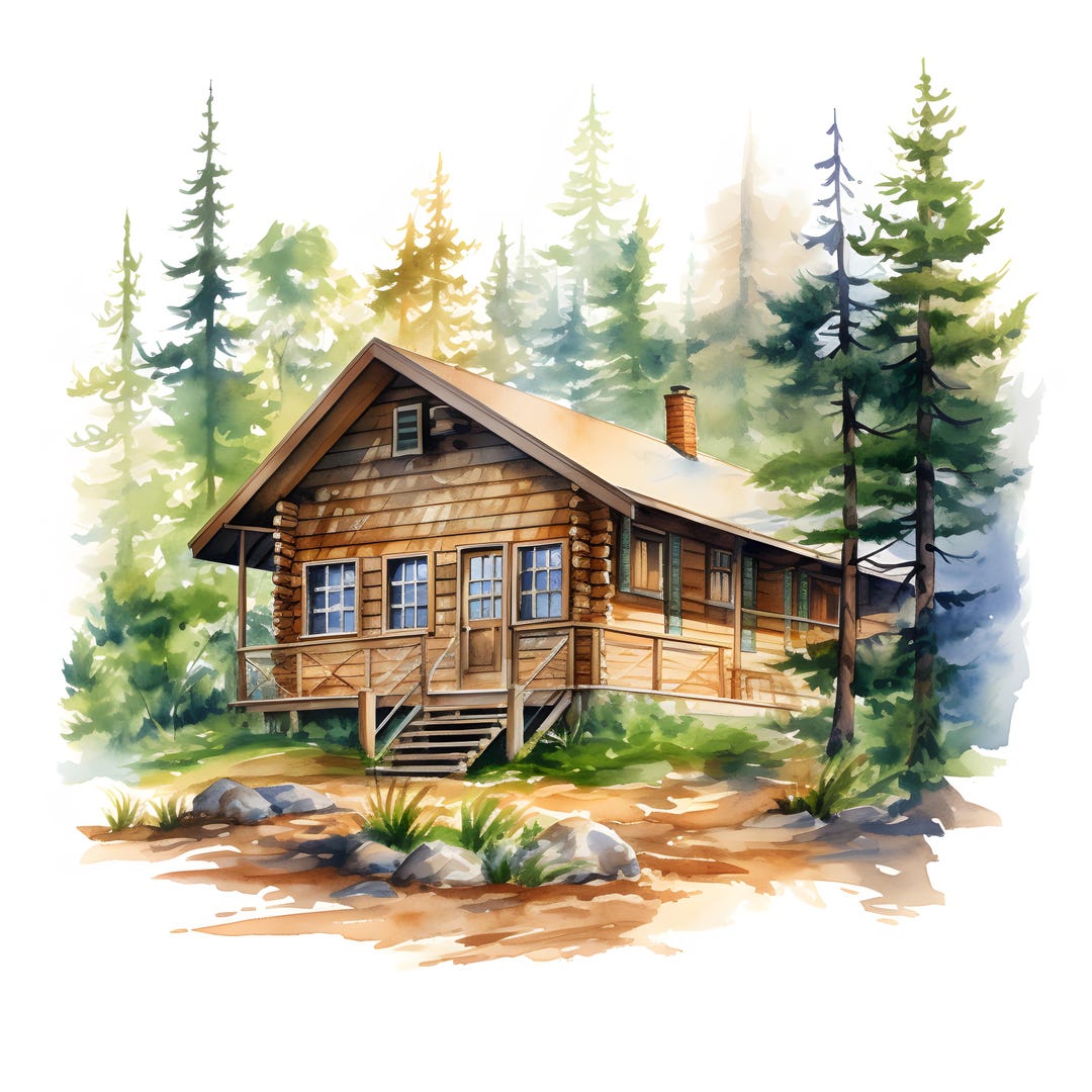 Forest Cabin Clipart, Mountain Cabin Images, 10 Watercolor Clip Art ...