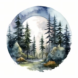Full Moon Over Forest Clipart, Forest Moon Images, 10 Watercolor Clip ...