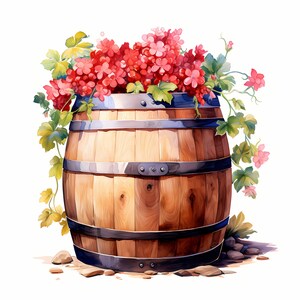 Floral Barrel Clipart, Wooden Barrel With Flowers Images, 10 Watercolor ...