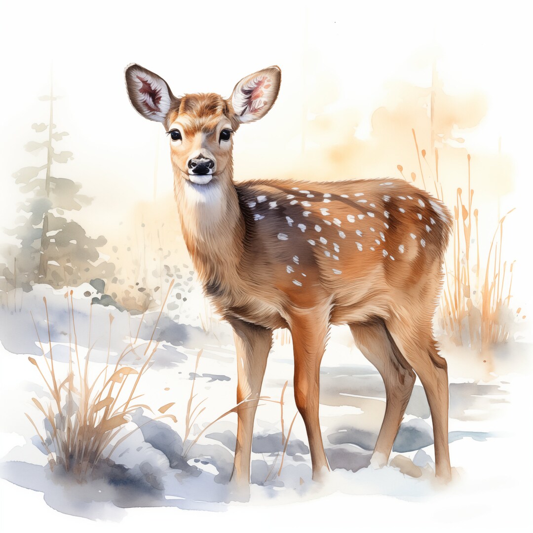 10 Beautiful Fawn Clipart, Fawn Baby in Winter JPG, Watercolor Clipart ...