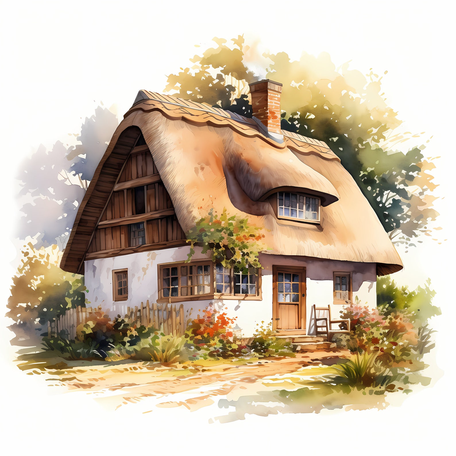 Thatched Roof House, English Cottagecore House Watercolor Clipart Set ...