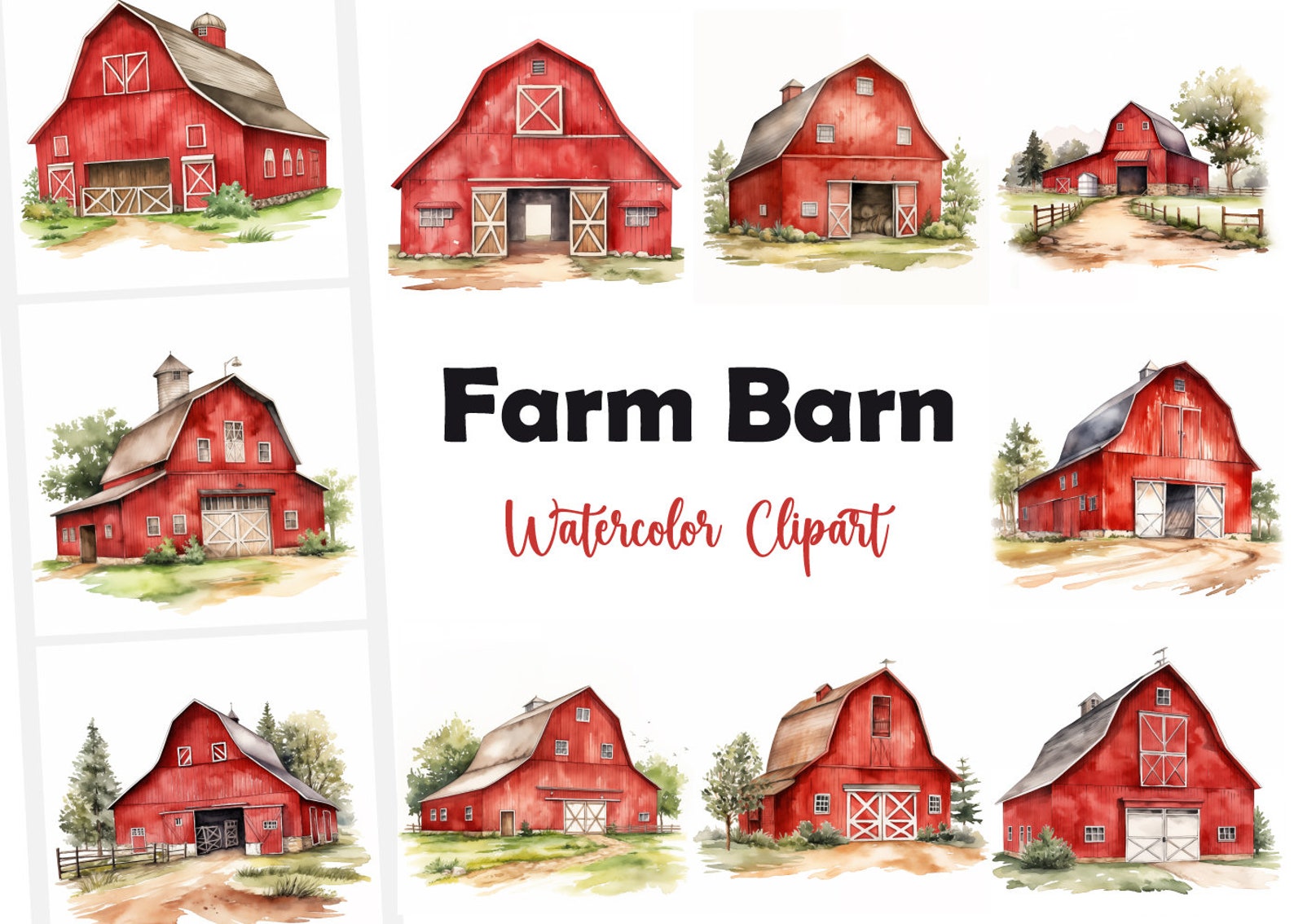 Watercolor Red Farm Barn Clipart: 10 JPG Images (commercial Use) - Etsy