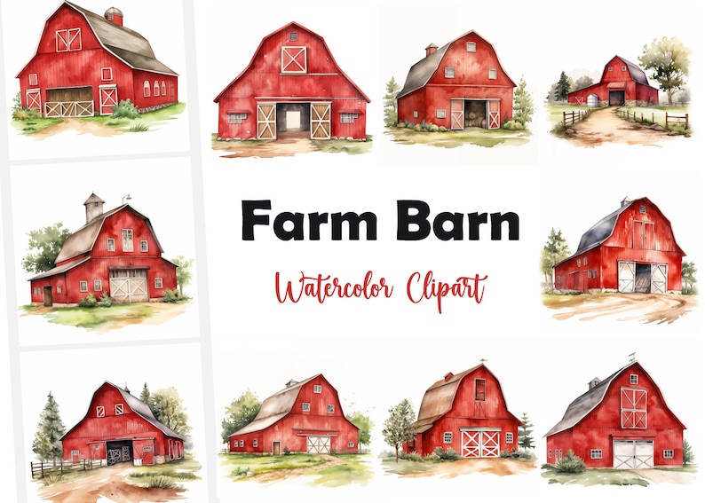 Farm Barn Clipart, Red Farm Barn Images, 10 Watercolor Clip Art ...