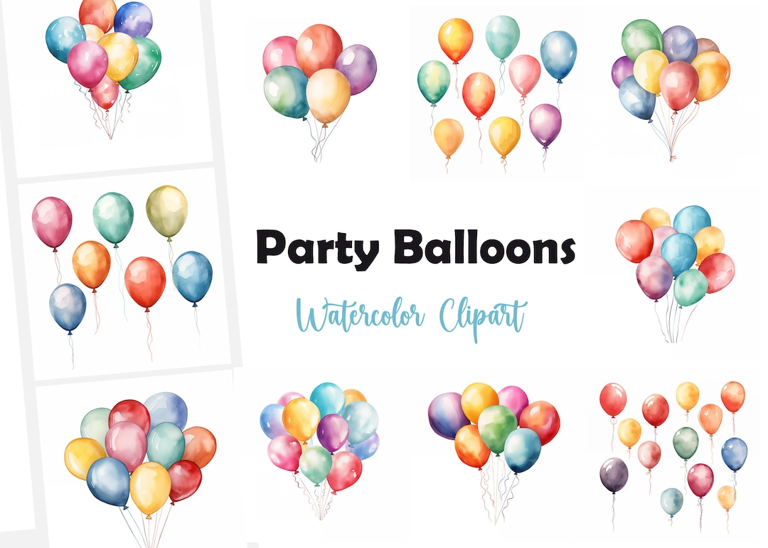 15 Party Balloons Clipart, Coloured Balloon Clipart, Watercolor Clipart ...
