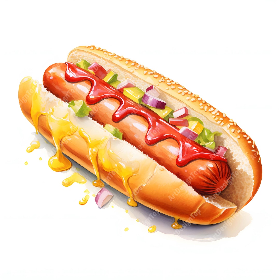 Watercolor Hot Dog Clipart: American Fast Food Images (jpgs, Instant ...