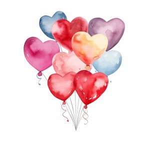Hearts Balloons Clipart, Valentine Day Balloons Images, 10 Watercolor ...