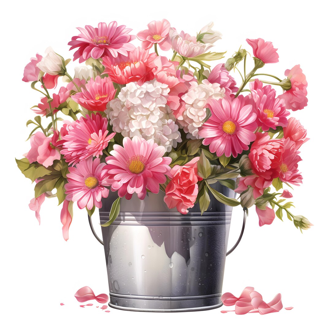 Flowers in Bucket Clipart, Pink Flowers Bouquet Images, 10 Watercolor ...