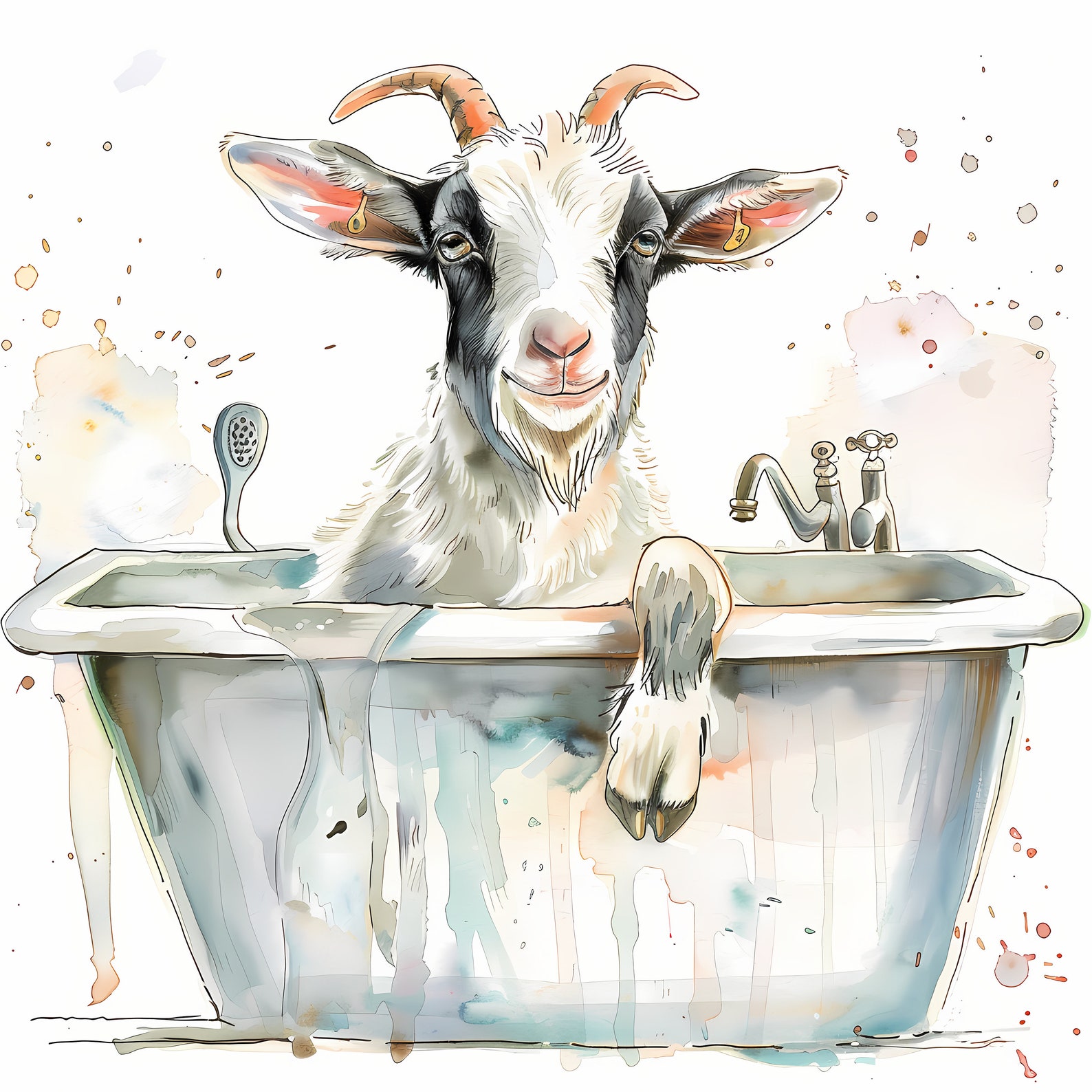 Goat in Bathtub Clipart, Goat Washing Images, 10 Watercolor Clip Art, Printable Jpgs, Instant ...