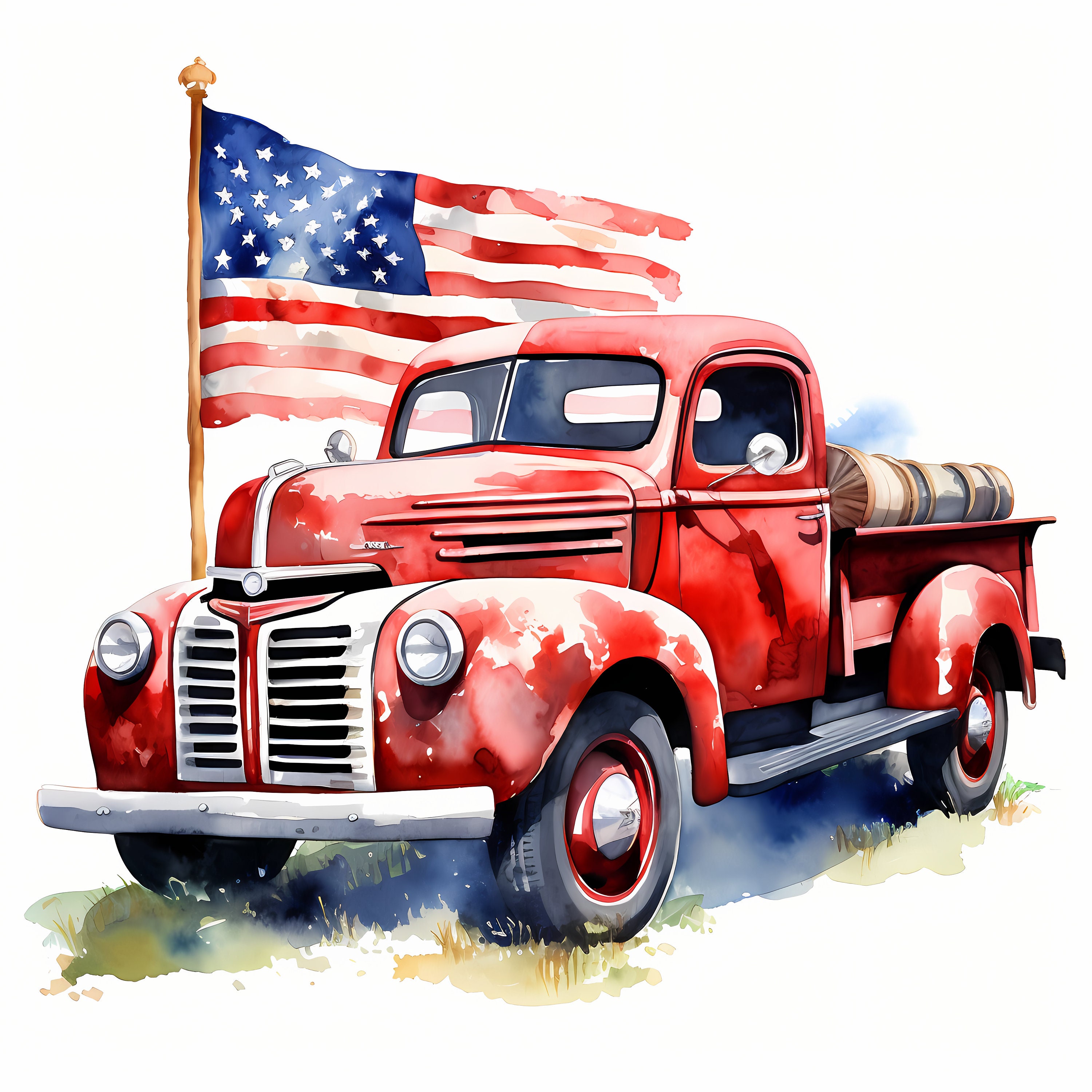 Patriotic Truck Clipart, July 4th Pickup Truck Images, 10 Watercolor ...