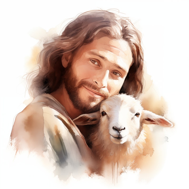 Jesus With Sheep Watercolor Clipart: Good Shepherd Images (digital ...