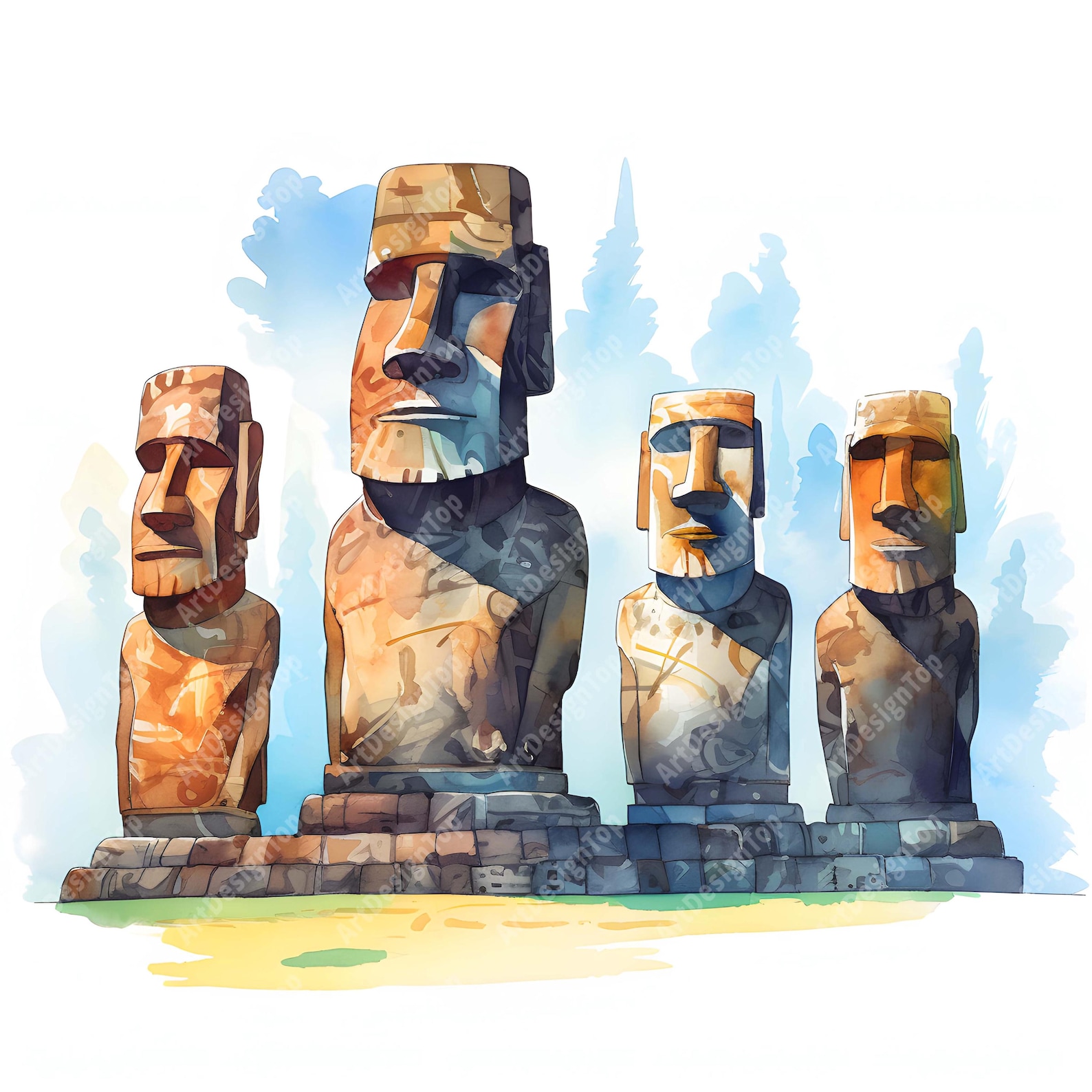 Watercolor Moai Statues Clipart: Easter Island Images (jpgs, Commercial ...