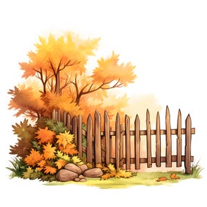 Watercolor Autumn Fence Clipart: Garden Images (jpgs, Commercial Use ...