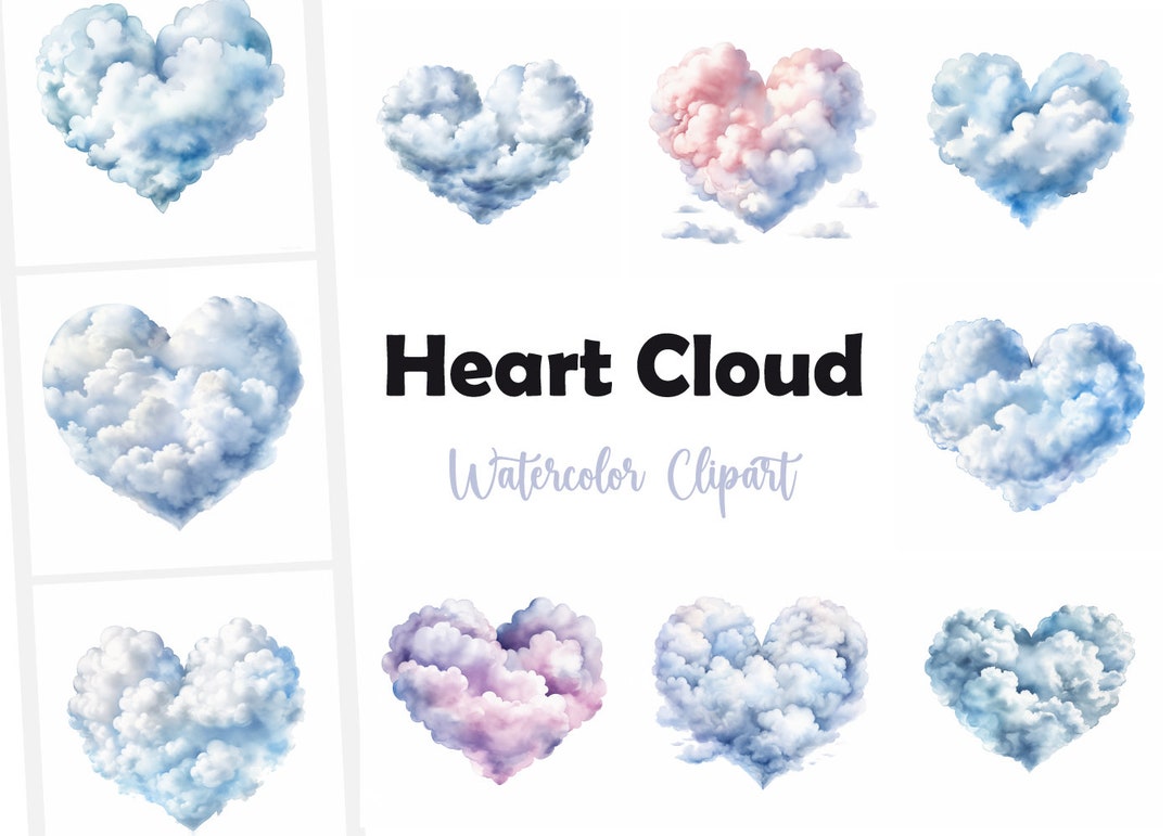 Watercolor Heart Cloud Clipart: Printable JPG Images (commercial Use ...