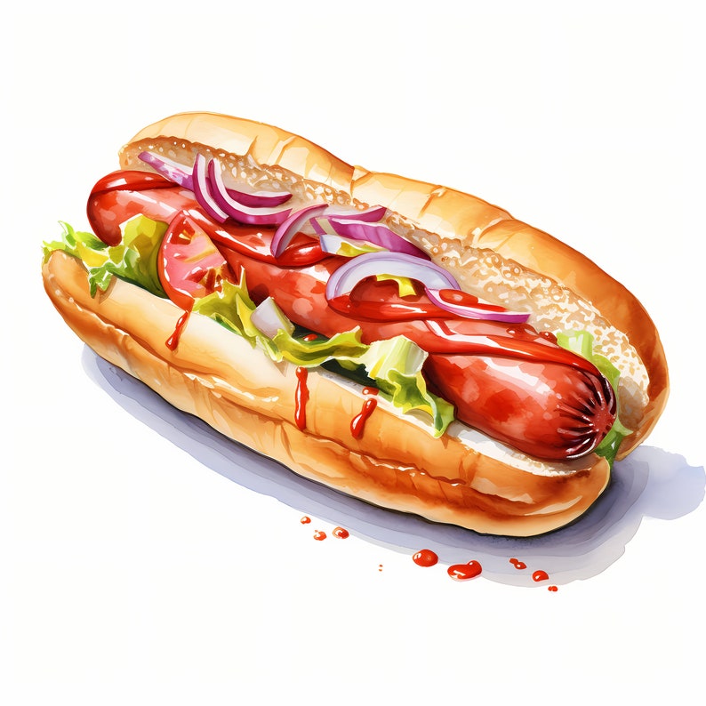 Hot Dog Clipart, American Hotdog, Fast Food Images, 10 Watercolor Clip ...