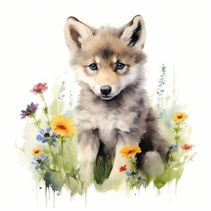 Watercolor Wolf Cub Clipart: Meadow Scene, Commercial Use (jpgs) - Etsy