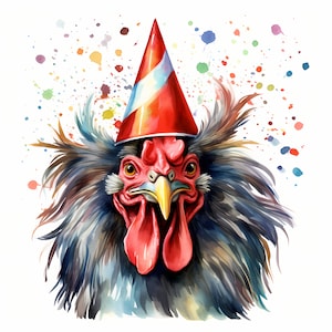 Rooster Clipart, Rooster With Party Hat Images, 10 Watercolor Clip Art ...