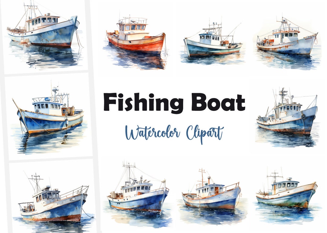 Fishing Boat Clipart, Fishing Trawler Images, 10 Watercolor Clip Art ...